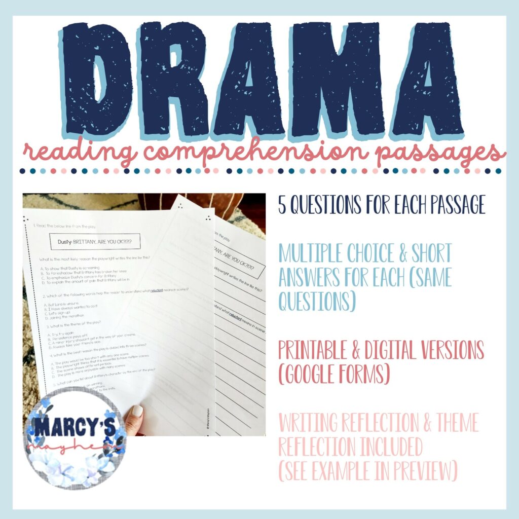 DRAMA Reading Comprehension Passages 4th, 5th - Marcys Mayhem