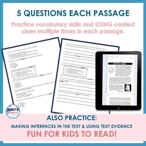 4th 5th Grade Vocabulary Activities Context Clues Reading Comprehension ...