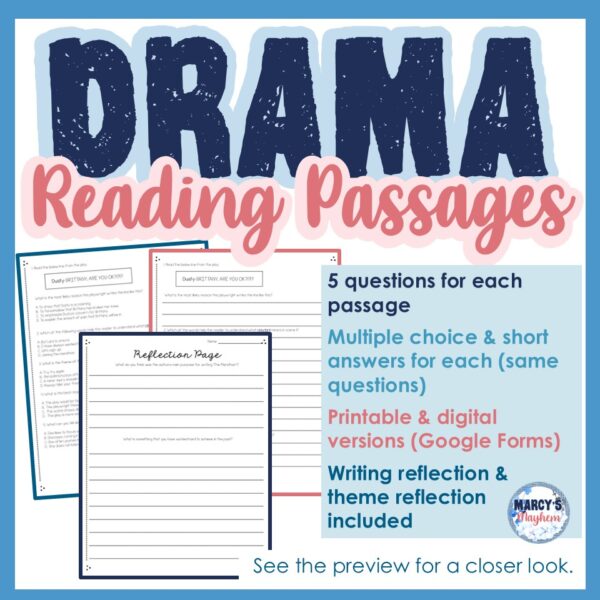 Elements of Drama Worksheets Reading Comprehension Passages 4th 5th ...