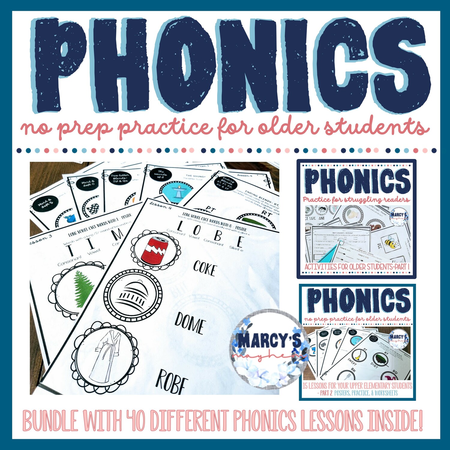 NO PREP phonics worksheets older students BUNDLE - Marcy's Mayhem