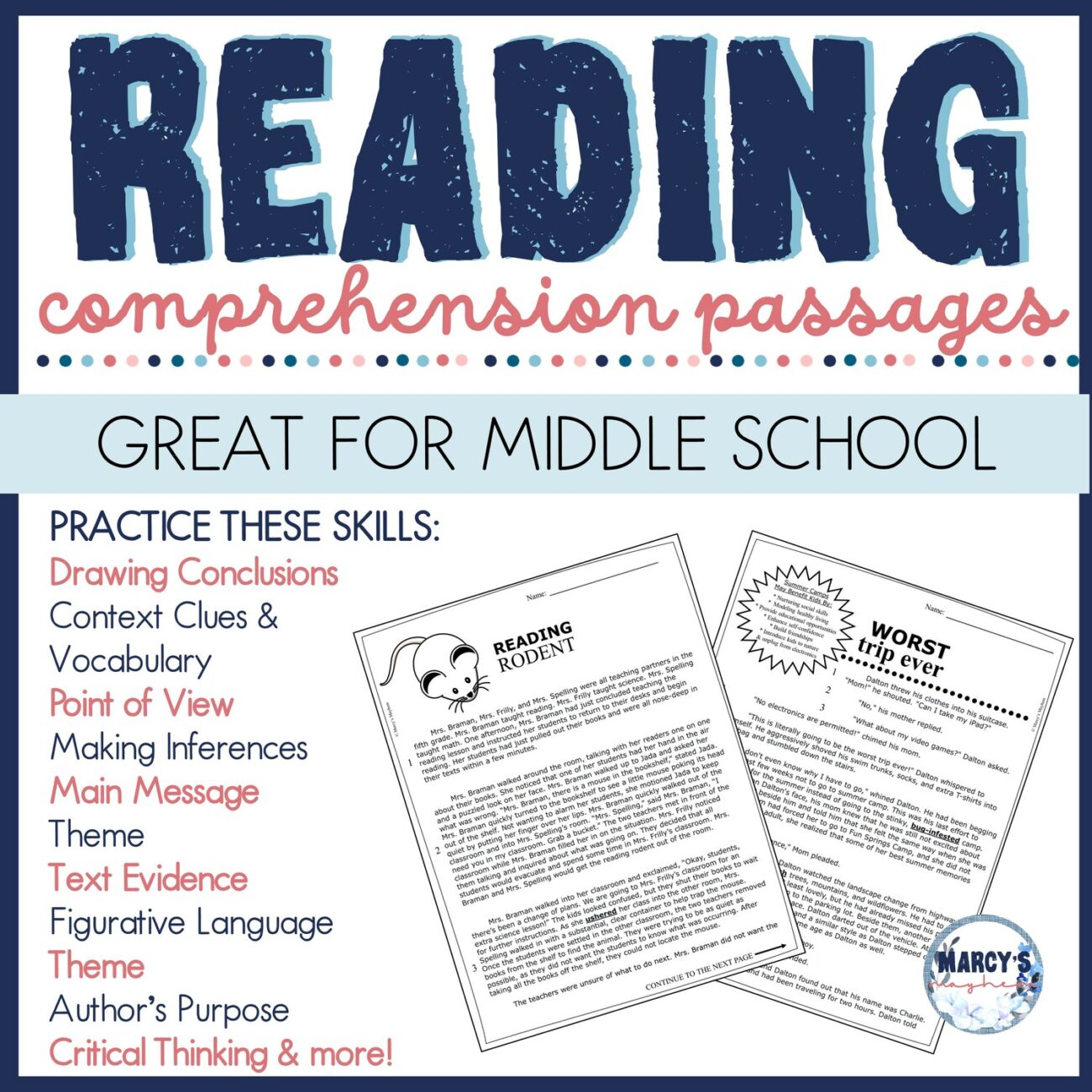 Junior High Reading Comprehension Worksheets - Marcys Mayhem