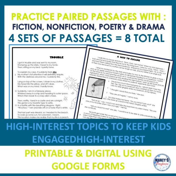 Reading Comprehension Practice Sheets- Paired Passages - Marcys Mayhem