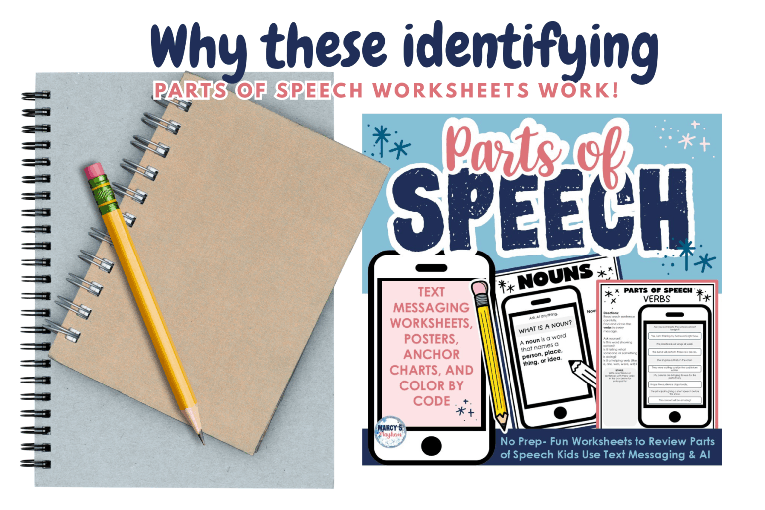Identifying Parts of Speech Worksheets with Anchor Charts, Text ...
